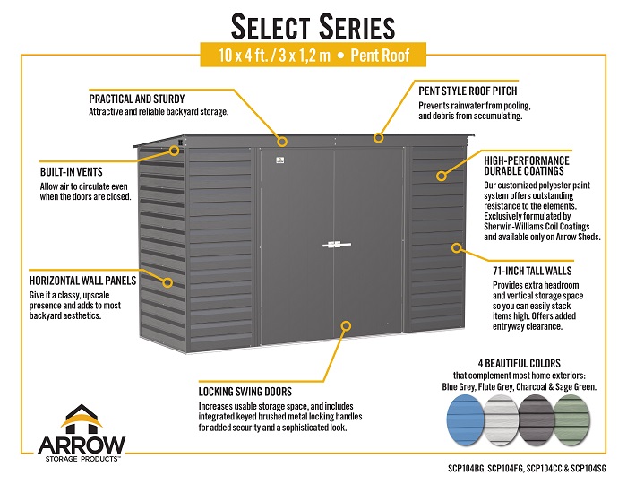 Arrow 10x4 Select Metal Shed Kit - Sage Green (SCP104SG)